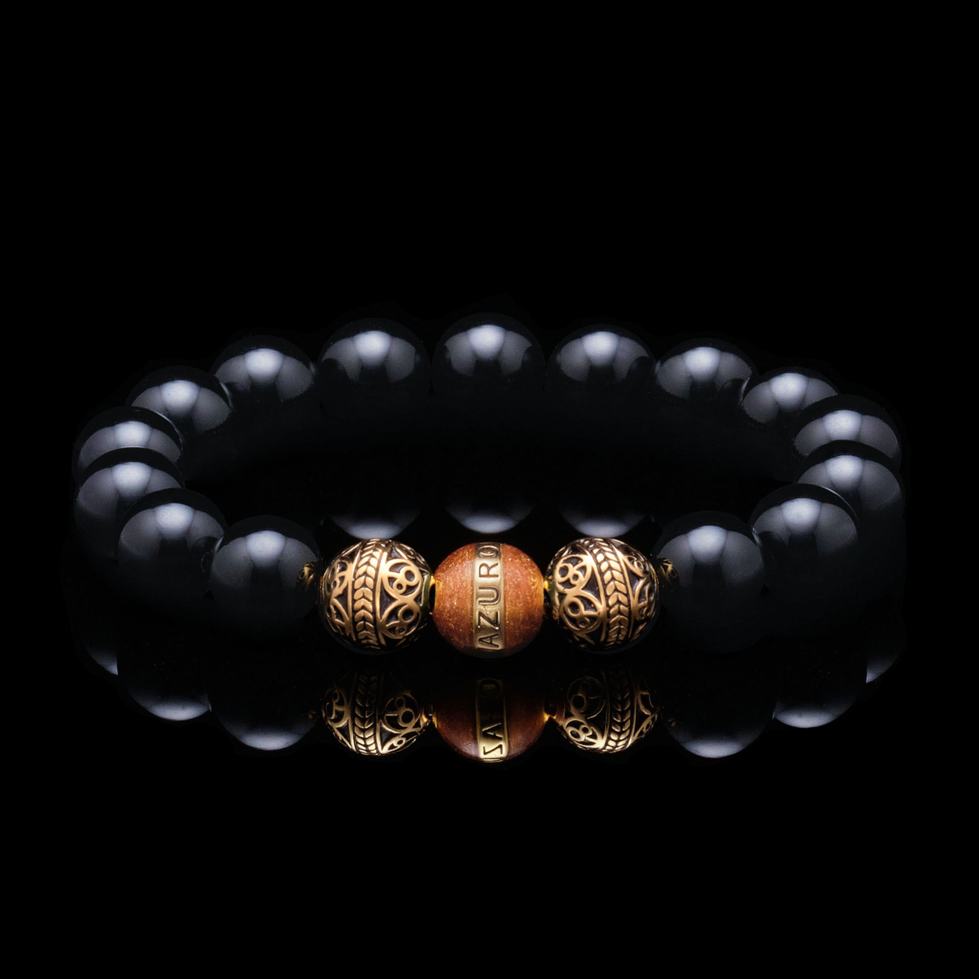 GOLD ENAMEL BROWN OBSIDIAN BRACELET AZURO Republic Mens Accessories Mens Beaded Bracelet Obsidian Bracelet